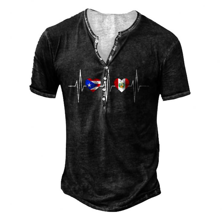Heartbeat Puerto Rican Flag Peruvian Flag Heart Mens Henley Button