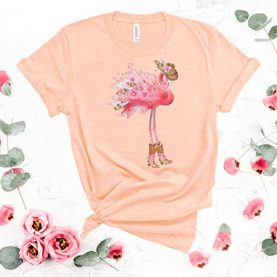 Womens Western Boho Cowgirl Flamingo Print V Neck Graphic Design Printed Casual Daily Basic Women s Short Sleeve T shirt Unisex Crewneck Soft Tee Thegiftio UK